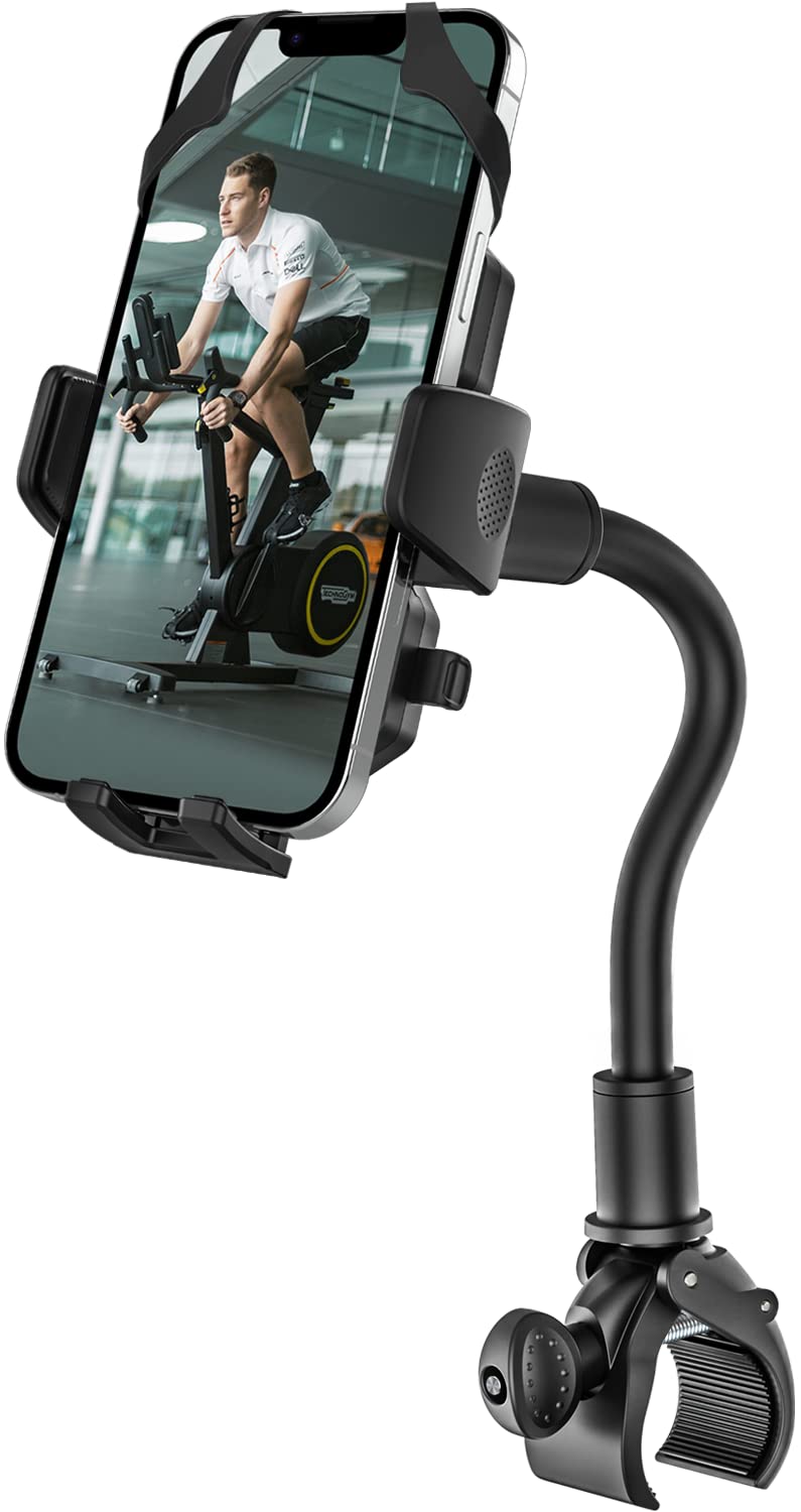 woleyi Gooseneck Spin Bike Phone Mount, Handlebar Clip Cell Phone Holder for Exercise Bicycle, Stationary Cycling, Stroller, Gym Treadmill, Mic Stand, for iPhone 15 Pro Max/14/13/12, 4-7" Smartphone