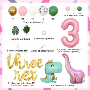 Sursurprise Dinosaur 3rd Birthday Decorations for Girl Three Rex Balloon Garland Arch Kit Pink Sage Green 3 Years Old Third Birthday Party Supplies