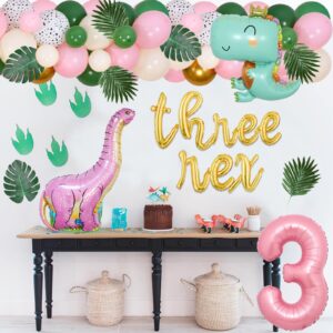 Sursurprise Dinosaur 3rd Birthday Decorations for Girl Three Rex Balloon Garland Arch Kit Pink Sage Green 3 Years Old Third Birthday Party Supplies