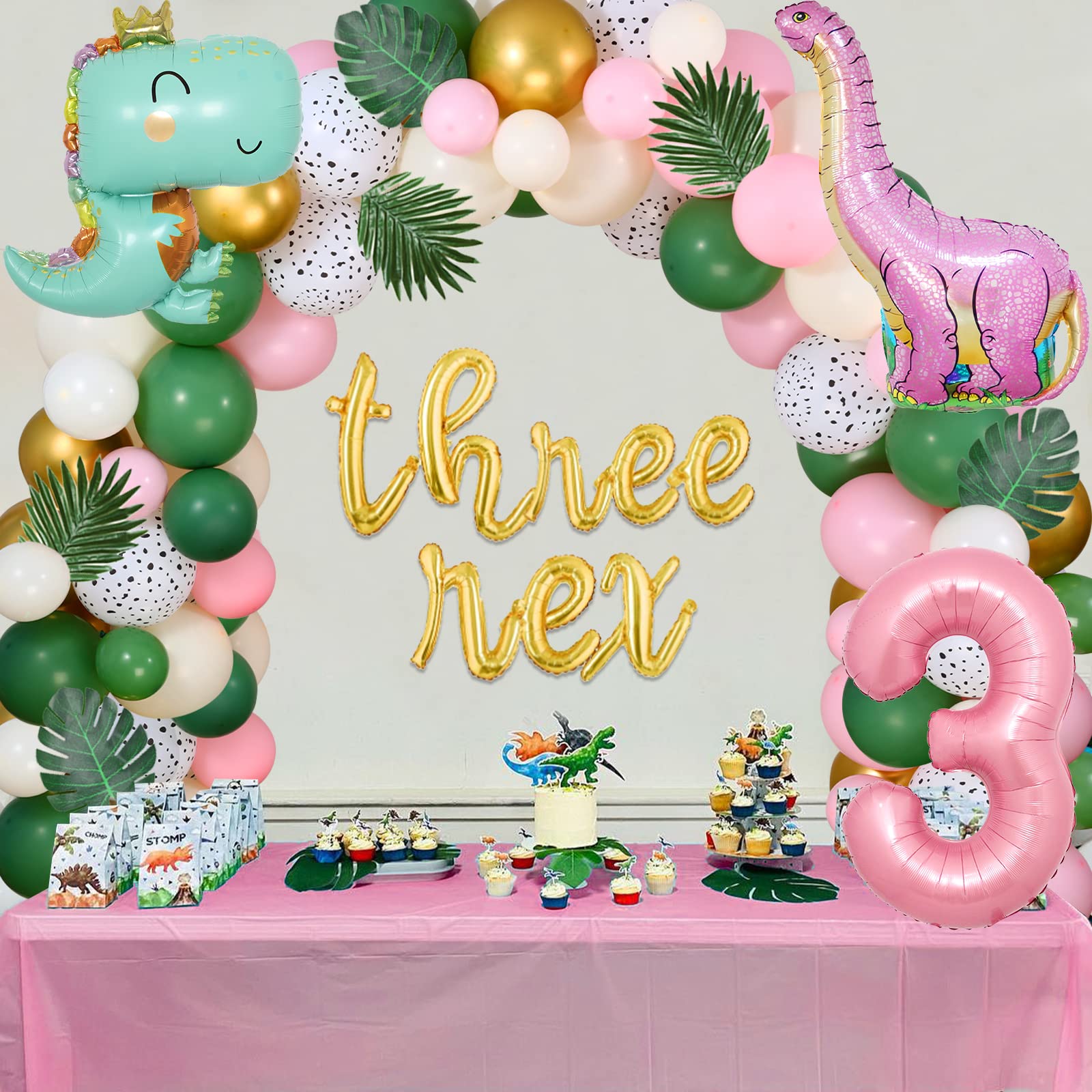 Sursurprise Dinosaur 3rd Birthday Decorations for Girl Three Rex Balloon Garland Arch Kit Pink Sage Green 3 Years Old Third Birthday Party Supplies