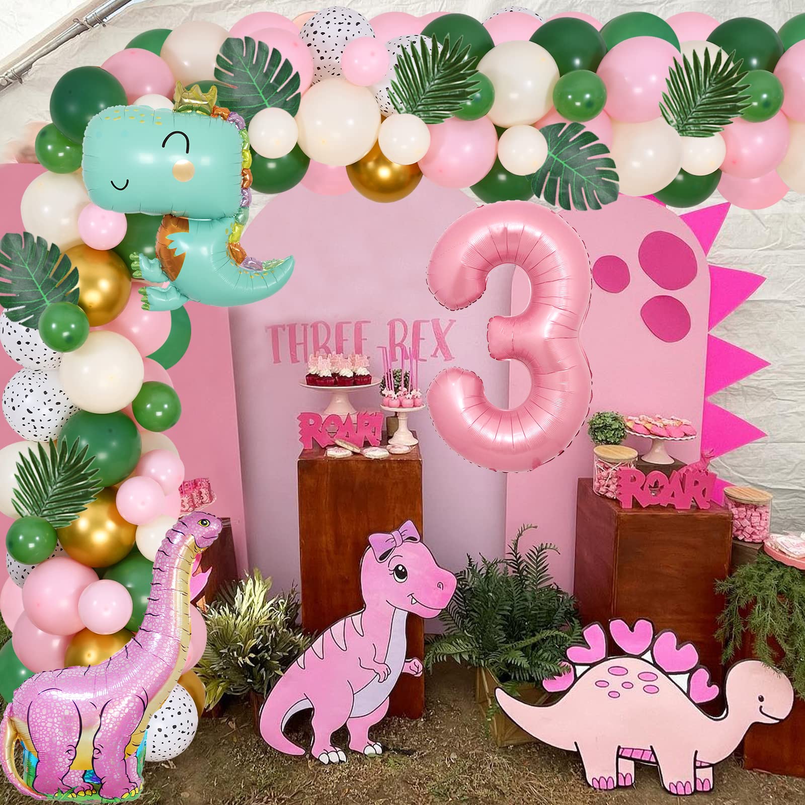 Sursurprise Dinosaur 3rd Birthday Decorations for Girl Three Rex Balloon Garland Arch Kit Pink Sage Green 3 Years Old Third Birthday Party Supplies