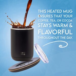 OZTANCE Self Stirring Coffee Mug with Lid - Heated Mug 10 oz, Luxury Design Heated Coffee Mug Warmer Set For Desk Home Office (Black)