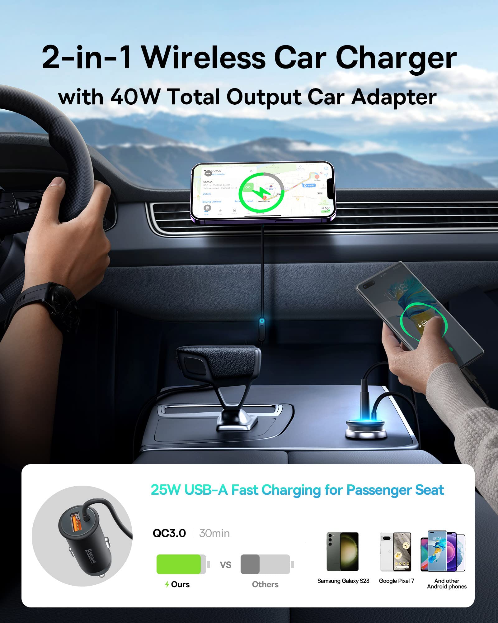 for Magsafe Car Mount Charger, [All in One] Baseus 15W Fast Charging Phone Mount for Car Vent, Magnetic Wireless Car Charger with 40W USB A Car Charger and Cable for iPhone 15 14 13 12 Pro Max Plus