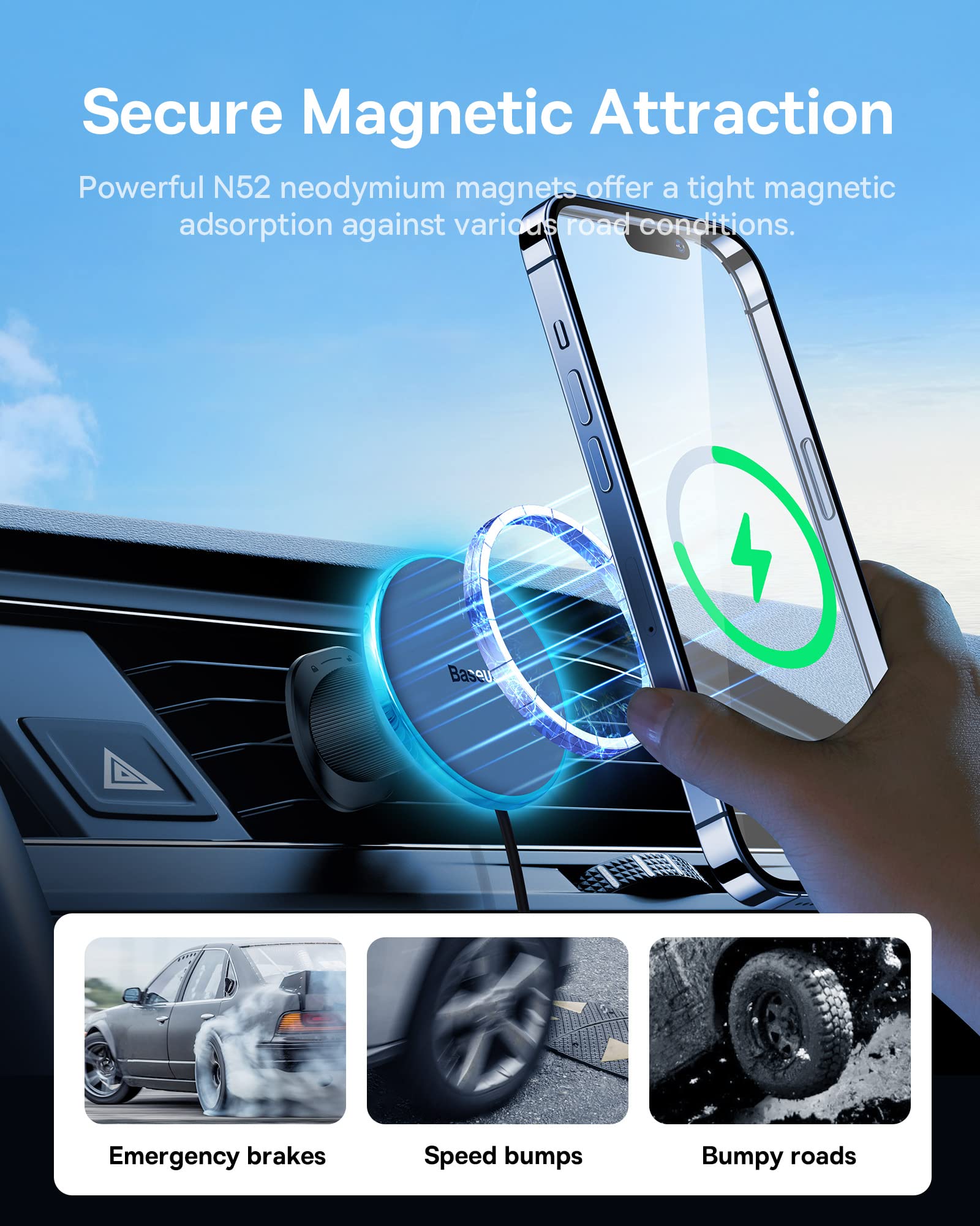 for Magsafe Car Mount Charger, [All in One] Baseus 15W Fast Charging Phone Mount for Car Vent, Magnetic Wireless Car Charger with 40W USB A Car Charger and Cable for iPhone 15 14 13 12 Pro Max Plus