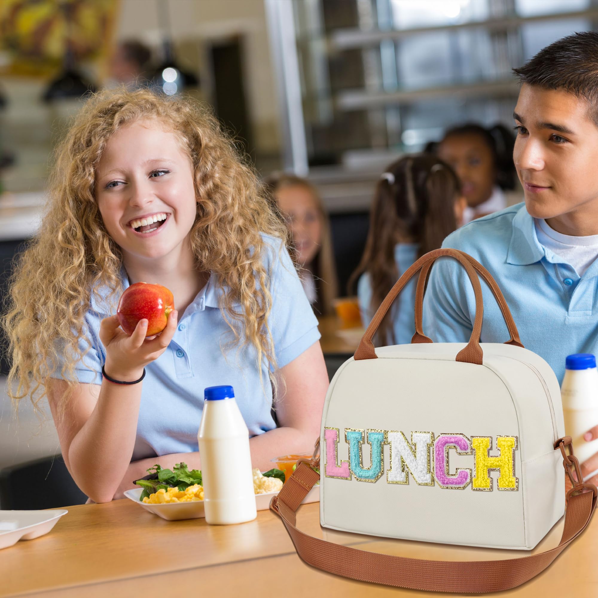 Lunch Box for Women, Large Insulated Lunch Bag, Personalized Preppy Lunch Box for Girls Adults with Adjustable Shoulder Straps,Lunch Bag Women with Chenille Letters（Beige-lunch）