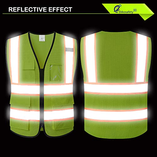 Ekkosafety Reflective Mesh Safety Vest for Men Women with 5 Pockets and Zipper Front High Visibility Mesh Vest Hi Vis Construction Work Vest,Meets ANSI/ISEA Standards(EK175-Yellow-L)