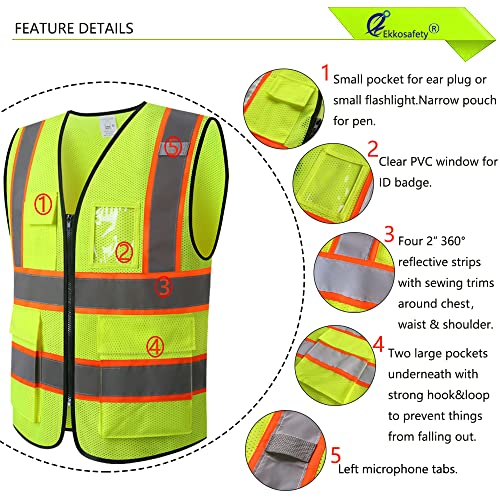 Ekkosafety Reflective Mesh Safety Vest for Men Women with 5 Pockets and Zipper Front High Visibility Mesh Vest Hi Vis Construction Work Vest,Meets ANSI/ISEA Standards(EK175-Yellow-L)