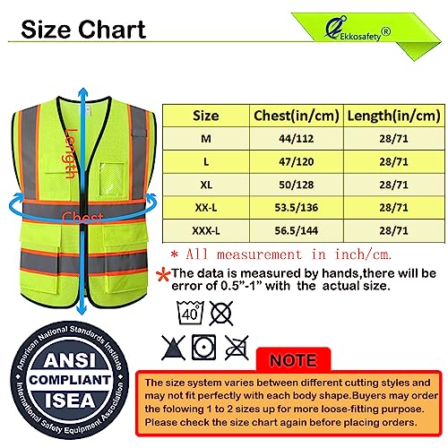 Ekkosafety Reflective Mesh Safety Vest for Men Women with 5 Pockets and Zipper Front High Visibility Mesh Vest Hi Vis Construction Work Vest,Meets ANSI/ISEA Standards(EK175-Yellow-L)