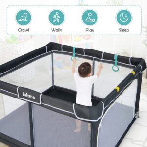 INFANS Baby Playpen, 50’’x50’’ Foldable Large Baby Playard for Toddlers with Gate, Soft Visible Mesh, Indoor Outdoor Kids Activity Center Baby Fence with 4 Handlers 50 Ocean Balls (Black)