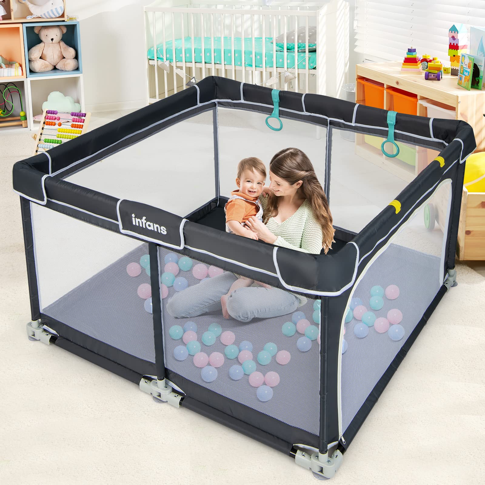 INFANS Baby Playpen, 50’’x50’’ Foldable Large Baby Playard for Toddlers with Gate, Soft Visible Mesh, Indoor Outdoor Kids Activity Center Baby Fence with 4 Handlers 50 Ocean Balls (Black)