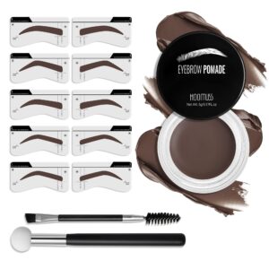 eyebrow stamp stencil kit, brow stamp trio kit with pomade, 10 eyebrow stencils, dual-ended eyebrow brush and sponge applicator (dark brown-b)