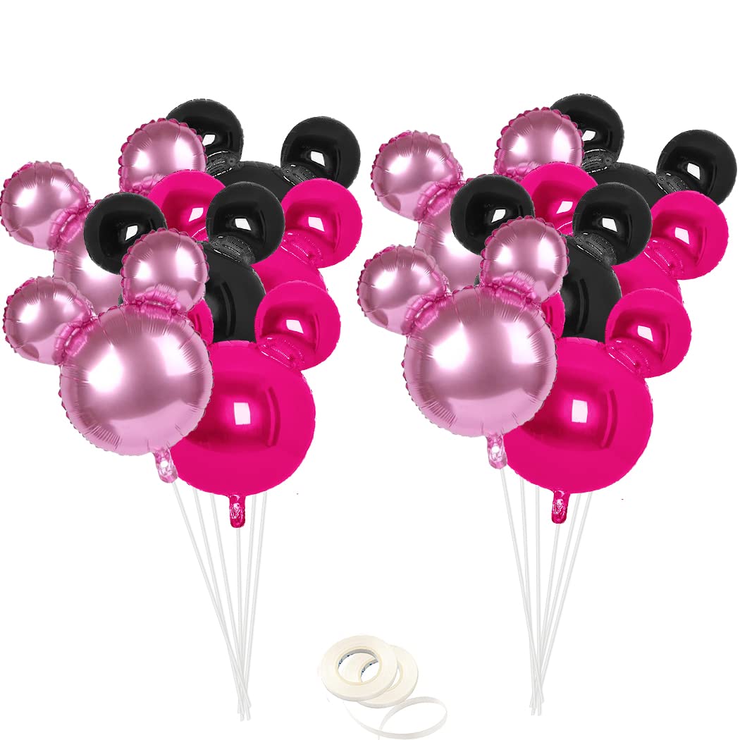 12 Pieces Minnie Party Balloons, Black, Rose Red, Pink Balloons for Mouse Party Decoration, Baby Shower, Girls Party Kids Birthday Minnie Theme Party Decoration Supplies