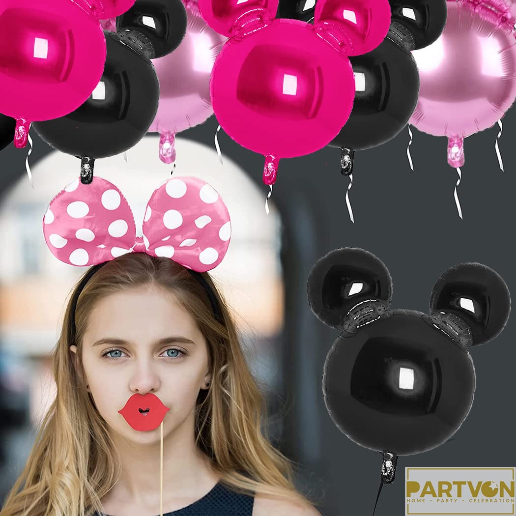 12 Pieces Minnie Party Balloons, Black, Rose Red, Pink Balloons for Mouse Party Decoration, Baby Shower, Girls Party Kids Birthday Minnie Theme Party Decoration Supplies