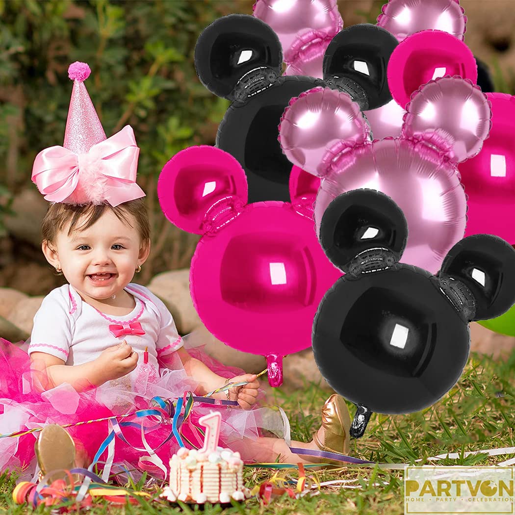 12 Pieces Minnie Party Balloons, Black, Rose Red, Pink Balloons for Mouse Party Decoration, Baby Shower, Girls Party Kids Birthday Minnie Theme Party Decoration Supplies