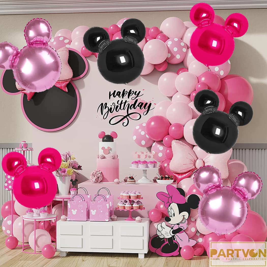 12 Pieces Minnie Party Balloons, Black, Rose Red, Pink Balloons for Mouse Party Decoration, Baby Shower, Girls Party Kids Birthday Minnie Theme Party Decoration Supplies