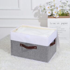 LaMorée Fabric Storage Bin with Lid Faux Leather Handle Foldable Cotton Linen Storage Basket Rectangular Cube Box Decorative Lidded Home Office Laundry Closet Organizer – Gray and White, Large