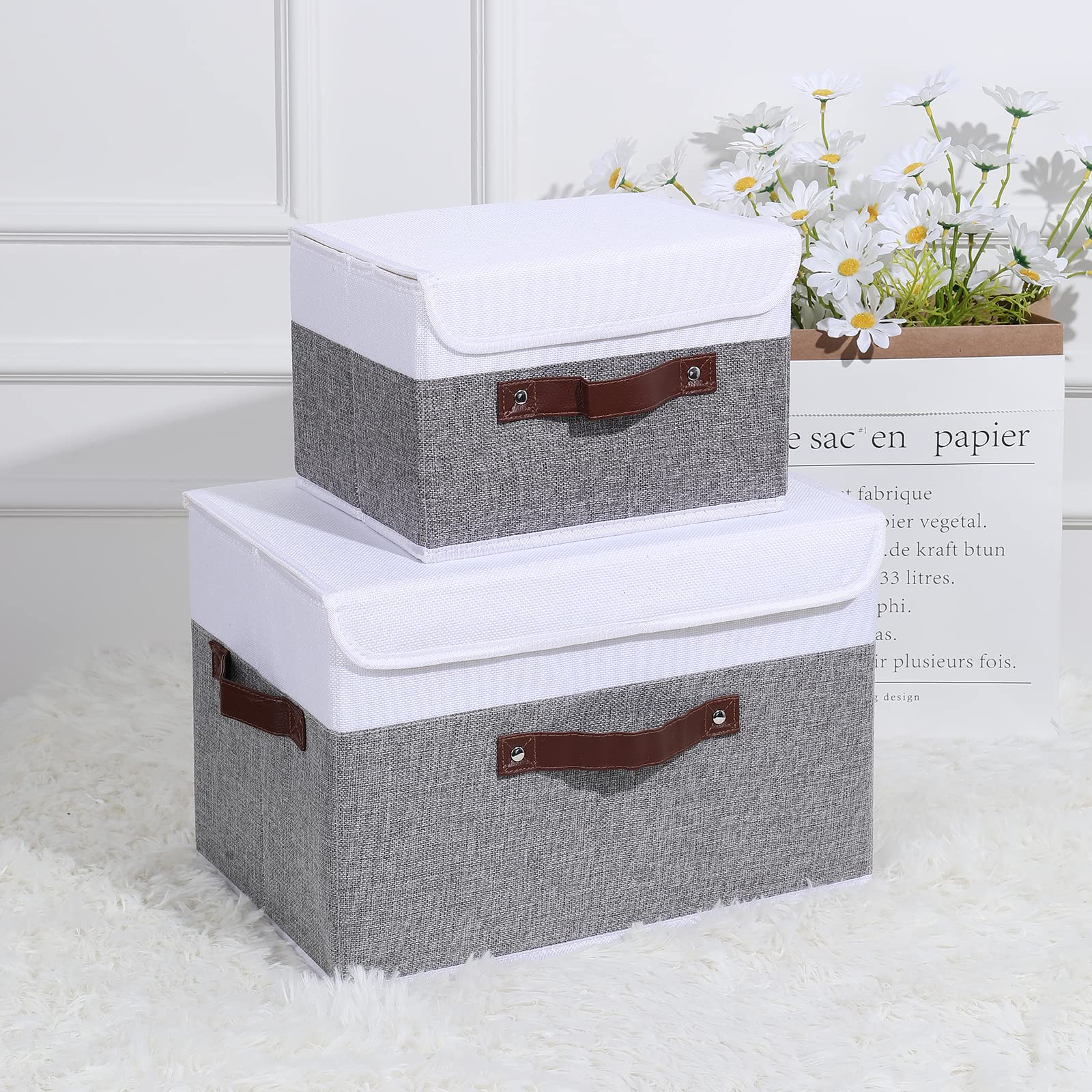 LaMorée Fabric Storage Bin with Lid Faux Leather Handle Foldable Cotton Linen Storage Basket Rectangular Cube Box Decorative Lidded Home Office Laundry Closet Organizer – Gray and White, Large