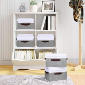 LaMorée Fabric Storage Bin with Lid Faux Leather Handle Foldable Cotton Linen Storage Basket Rectangular Cube Box Decorative Lidded Home Office Laundry Closet Organizer – Gray and White, Large