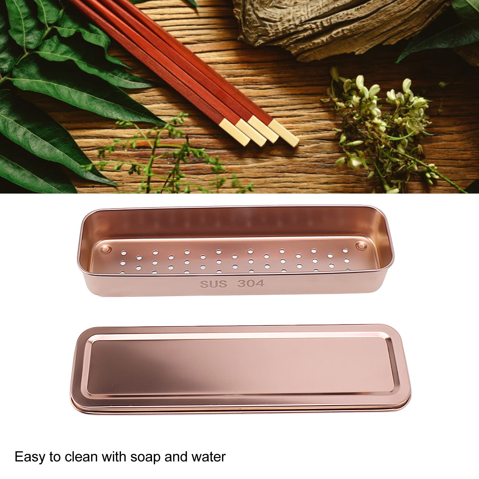 Kitchen Chopsticks Storage Box Cutlery Tray Smart Drain Food Grade with Lid for Business (Rose Gold)