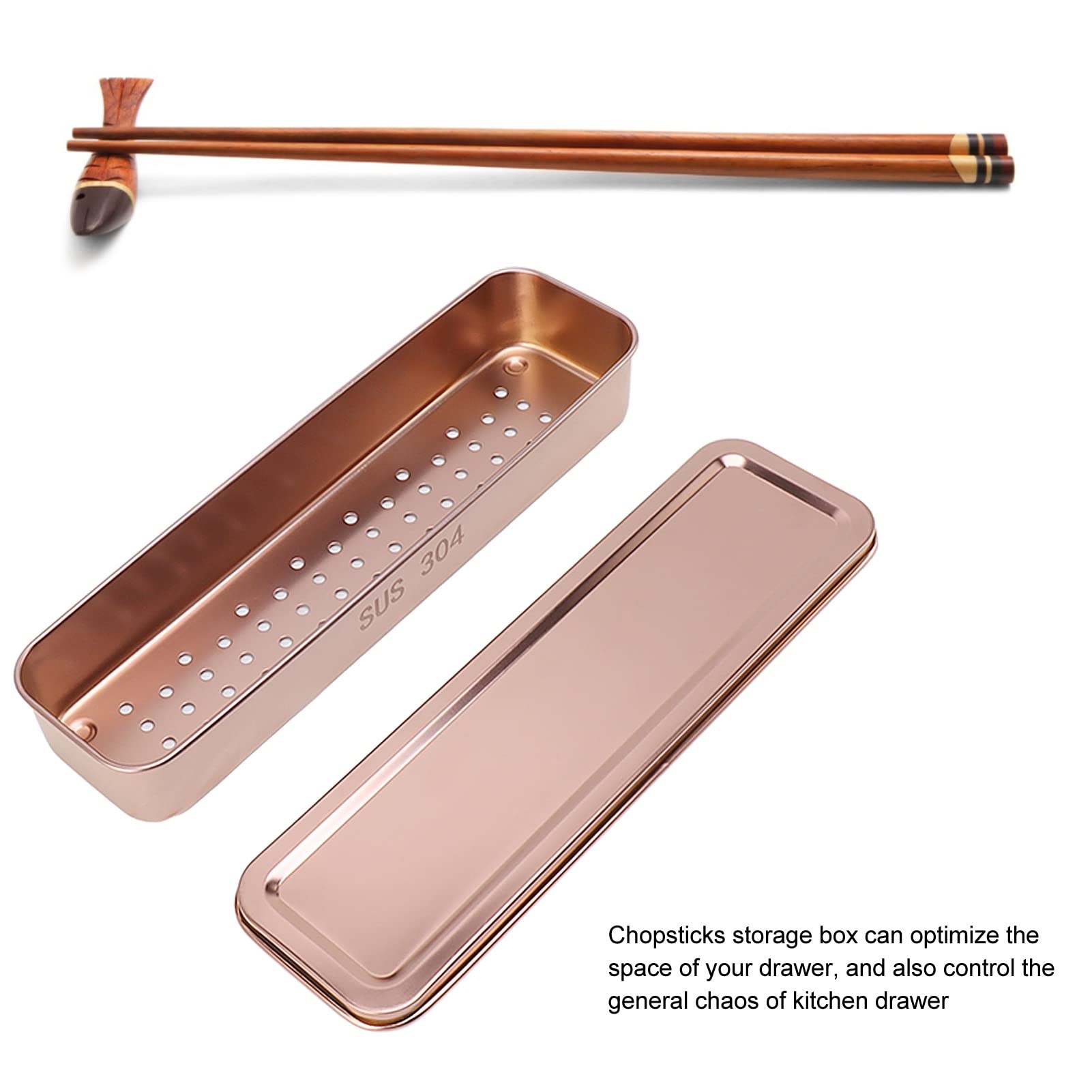 Kitchen Chopsticks Storage Box Cutlery Tray Smart Drain Food Grade with Lid for Business (Rose Gold)