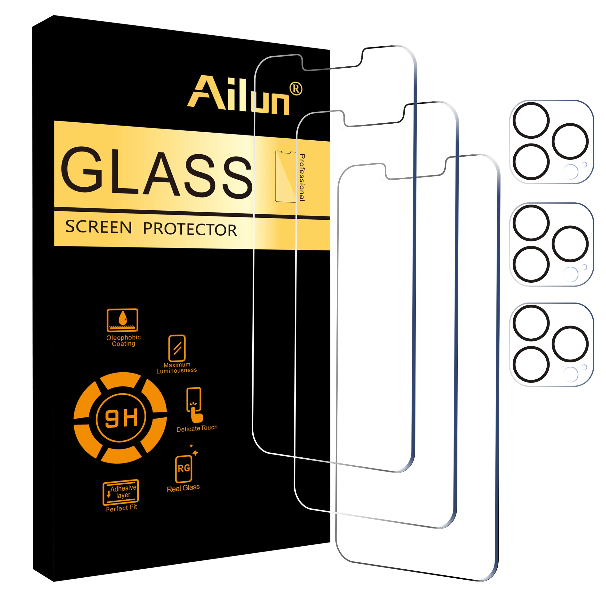 Ailun 3 Pack Screen Protector for iPhone 13 Pro Max [6.7 inch] Display 2021 with 3 Pack Tempered Glass Camera Lens Protector,[9H Hardness]-HD Case Friendly【6Pack】