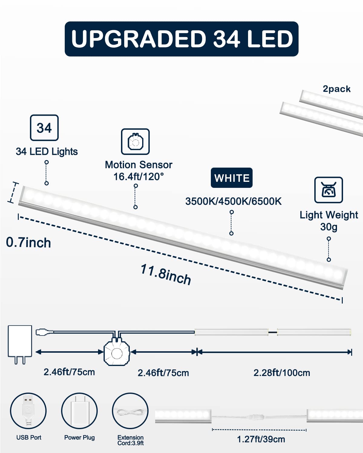 MATICOD Under Cabinet Lights, 3 Colors Motion Sensor Light Indoor Under Cabinet Lighting with Warm White Cold White Daylight, Under Counter Lights for Kitchen LED Closet Lights