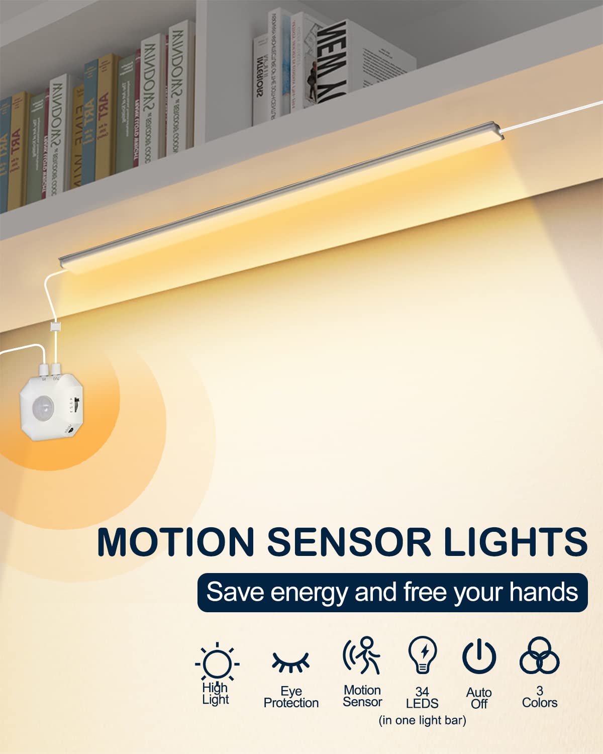 MATICOD Under Cabinet Lights, 3 Colors Motion Sensor Light Indoor Under Cabinet Lighting with Warm White Cold White Daylight, Under Counter Lights for Kitchen LED Closet Lights