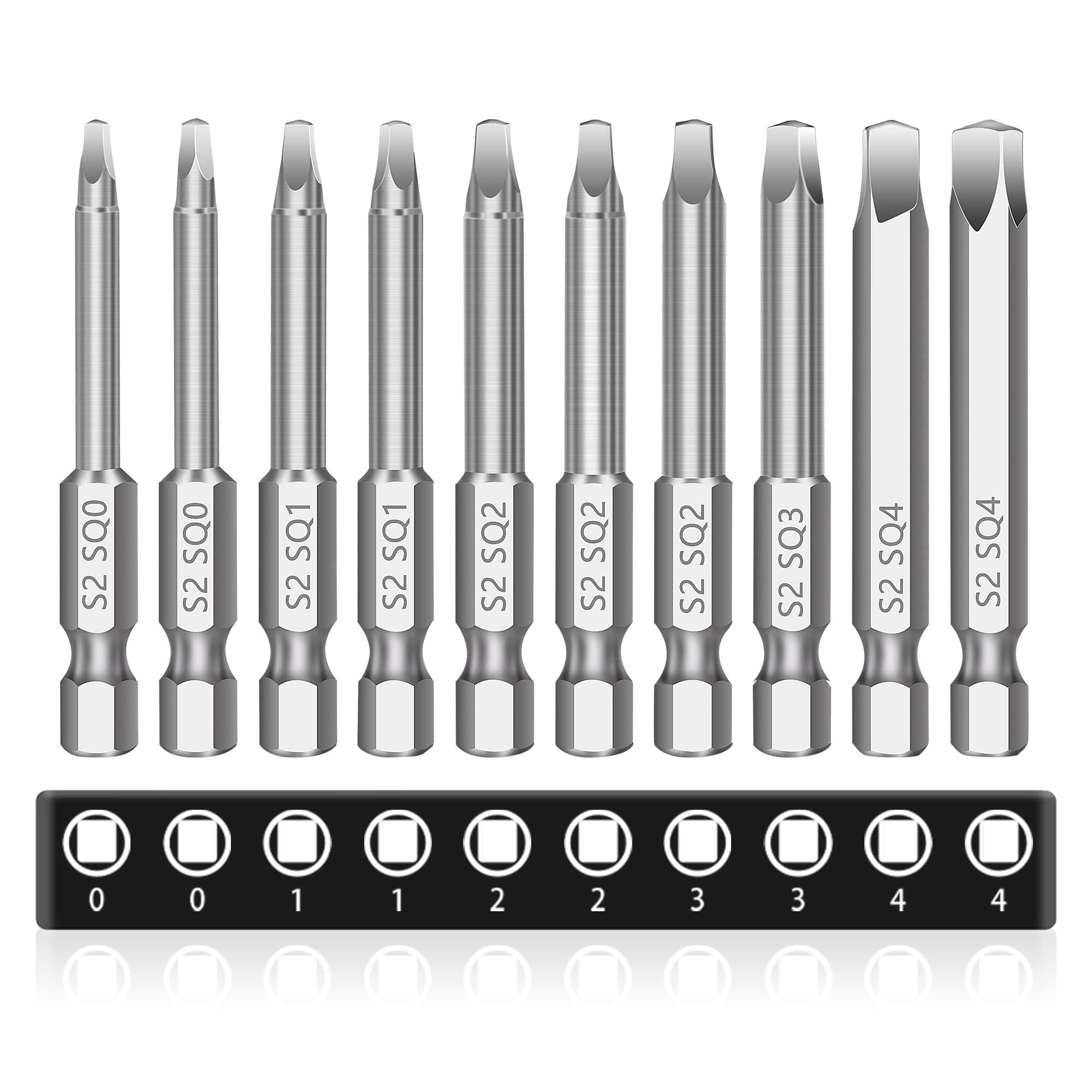 MulWark Robertson Square Allen Wrench Drill Bits Set 10PC Screwdriver Bit Set, 2.3" Long 1/4" Diameter Quick Release Shank Magnetic Square Drive Bit Set for Assembling Furniture