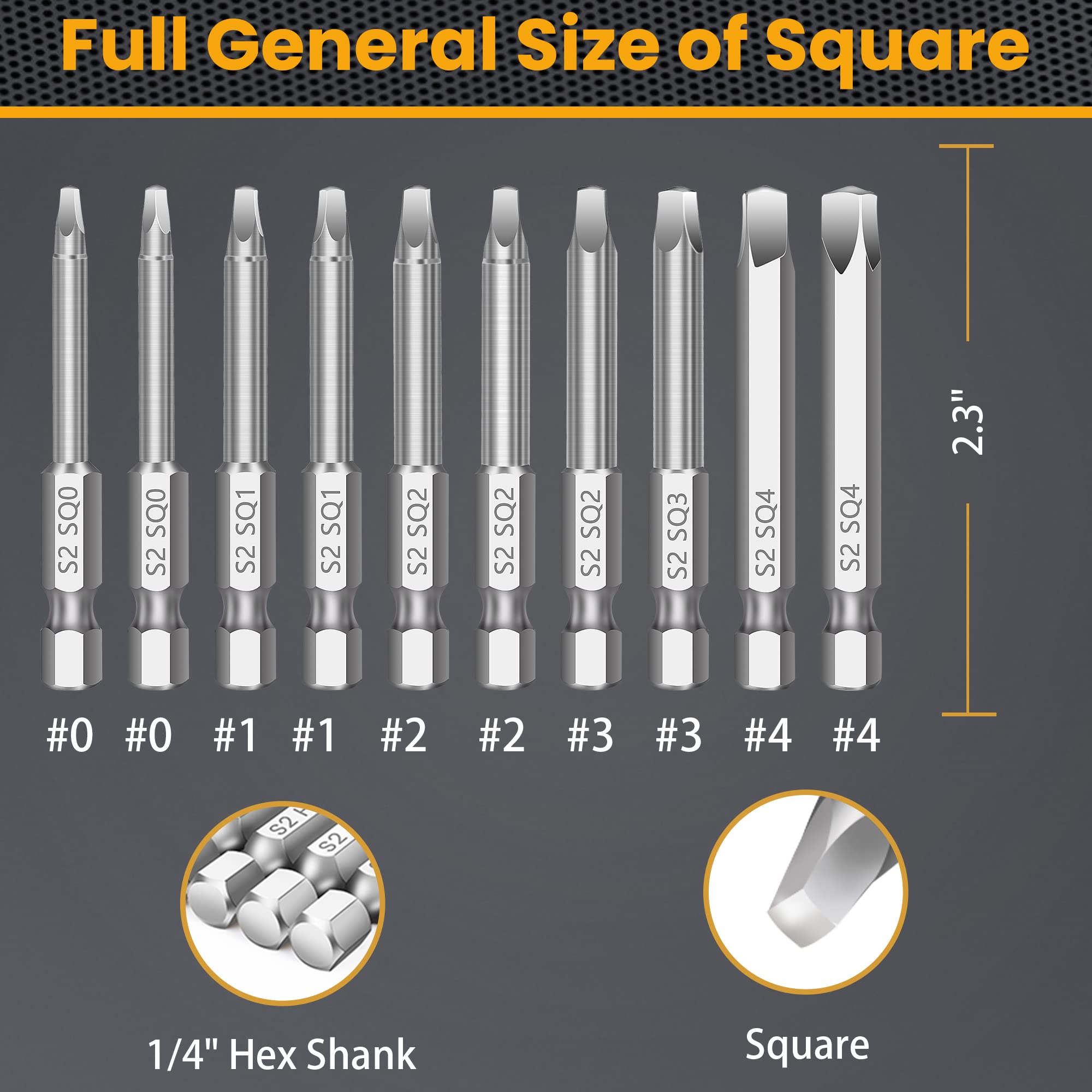 MulWark Robertson Square Allen Wrench Drill Bits Set 10PC Screwdriver Bit Set, 2.3" Long 1/4" Diameter Quick Release Shank Magnetic Square Drive Bit Set for Assembling Furniture