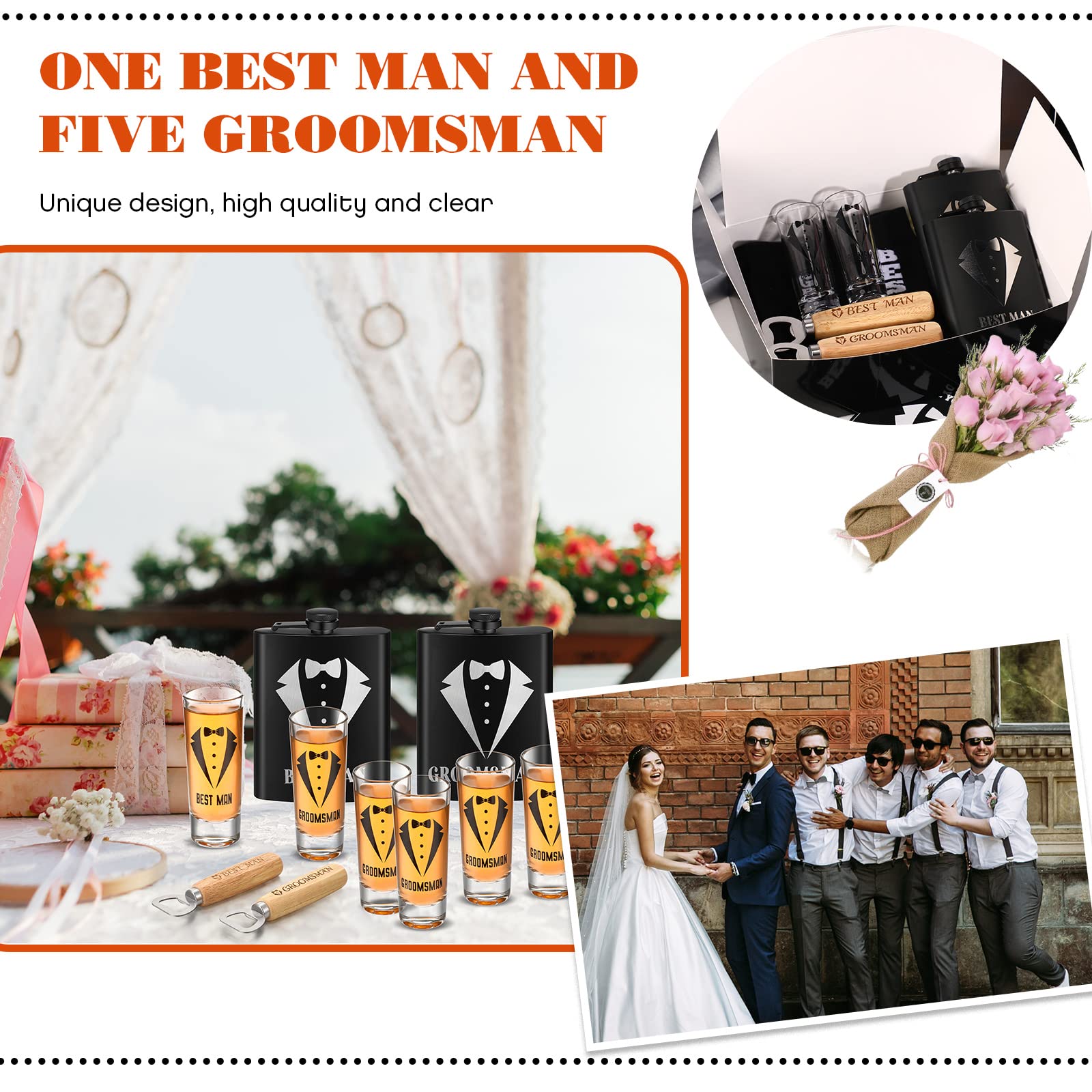 Yaomiao 30 Pcs Groomsmen Gift Wedding Gift, Including 6 Pcs 8 oz Groomsmen Flask 6 Wooden Bottle Opener 6 Party Favors Shot Glasses 6 Groomsmen Gift Boxes Empty 6 Proposal Cards Best Man Gift