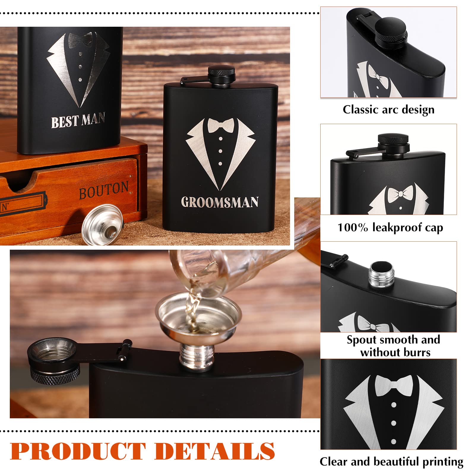 Yaomiao 30 Pcs Groomsmen Gift Wedding Gift, Including 6 Pcs 8 oz Groomsmen Flask 6 Wooden Bottle Opener 6 Party Favors Shot Glasses 6 Groomsmen Gift Boxes Empty 6 Proposal Cards Best Man Gift