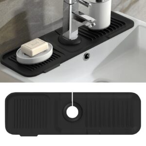 kitchen sink splash guard 17.7 * 5.5 inch, toovem faucet handle drip catcher tray, longer silicone sink faucet mat, dish soap sponge holder for kitchen, bathroom, farmhouse, bar & rv, black