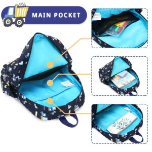 Lanola Cute Backpack Kids for Boys Toddler Backpack Preschool School or Travel Bags with Chest Strap -Dark Blue Truck