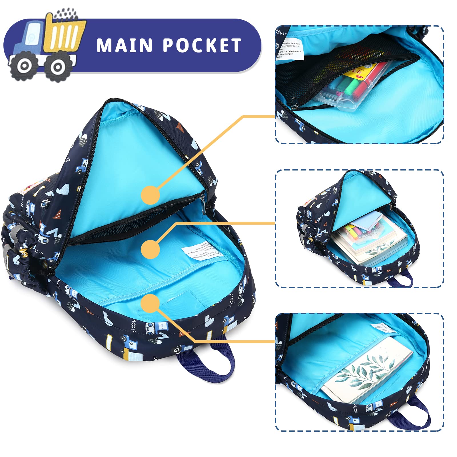 Lanola Cute Backpack Kids for Boys Toddler Backpack Preschool School or Travel Bags with Chest Strap -Dark Blue Truck