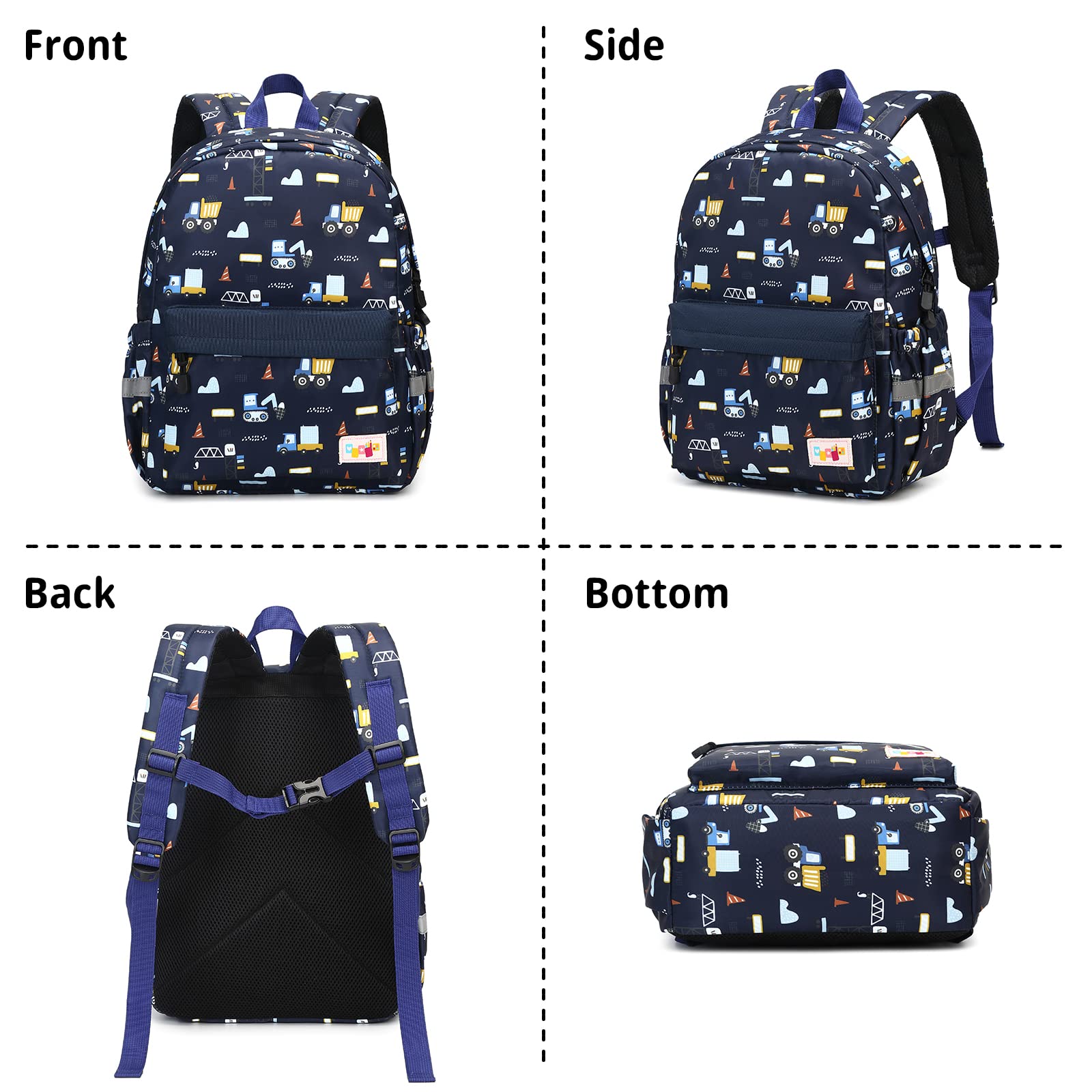 Lanola Cute Backpack Kids for Boys Toddler Backpack Preschool School or Travel Bags with Chest Strap -Dark Blue Truck