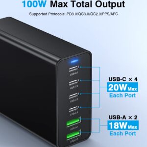 USB C Fast Charger 100W GaN 6 Port Type USB C Charging Block Station Hub USB C Wall Charger Power Strip Adapter 4 USB C and 2 QC USB A for iPad iPhone 15 14 13 12 11 Pro Max Pixel Note Samsung Galaxy