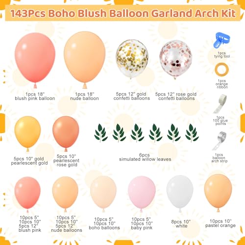 143Pcs Boho Daisy Balloon Garland Arch Kit, Peach Dusty Rose Pink Orange Sun Nude Gold Confetti Balloons 1st Birthday Decorations for Girls Baby Shower Birthday Party Decorations Supplies