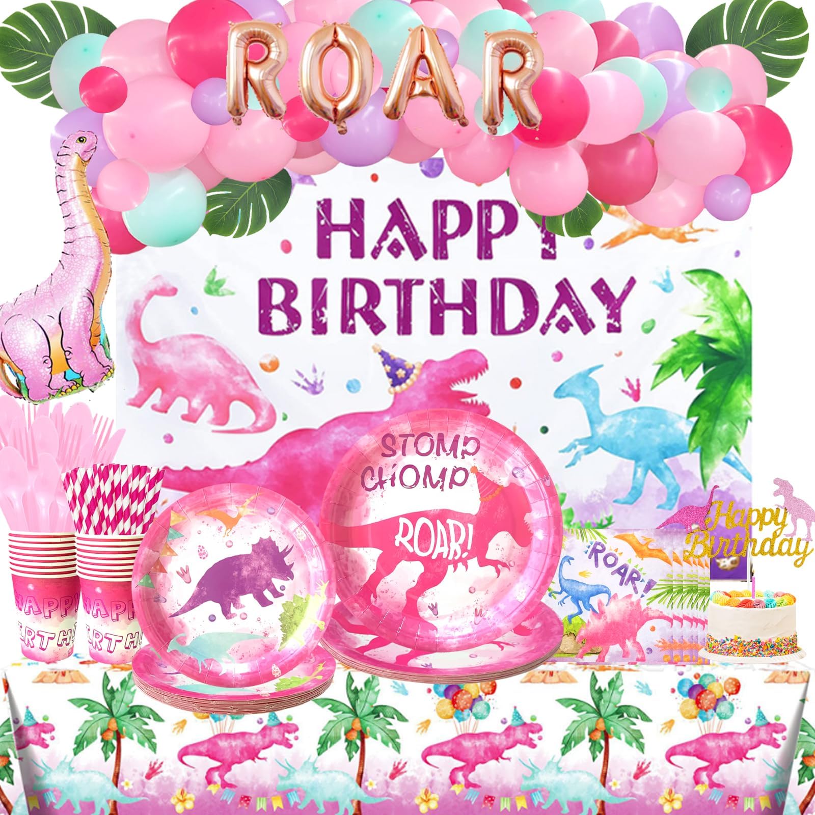 199 Pcs Dinosaur Party Supplies Girl, Hombae Pink Dinosaur Birthday Decorations Backdrop Balloon Garland Artificial Leaves Tablecloth Cake Topper Plate Napkin Cup Straw Knife Spoon Fork Pink