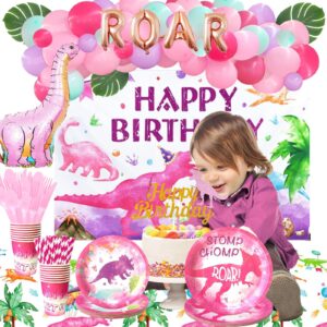 199 Pcs Dinosaur Party Supplies Girl, Hombae Pink Dinosaur Birthday Decorations Backdrop Balloon Garland Artificial Leaves Tablecloth Cake Topper Plate Napkin Cup Straw Knife Spoon Fork Pink