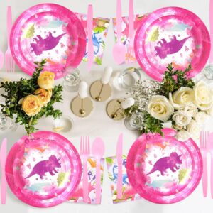 199 Pcs Dinosaur Party Supplies Girl, Hombae Pink Dinosaur Birthday Decorations Backdrop Balloon Garland Artificial Leaves Tablecloth Cake Topper Plate Napkin Cup Straw Knife Spoon Fork Pink