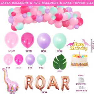 199 Pcs Dinosaur Party Supplies Girl, Hombae Pink Dinosaur Birthday Decorations Backdrop Balloon Garland Artificial Leaves Tablecloth Cake Topper Plate Napkin Cup Straw Knife Spoon Fork Pink