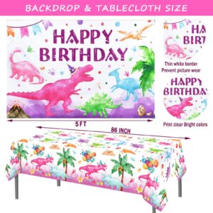 199 Pcs Dinosaur Party Supplies Girl, Hombae Pink Dinosaur Birthday Decorations Backdrop Balloon Garland Artificial Leaves Tablecloth Cake Topper Plate Napkin Cup Straw Knife Spoon Fork Pink