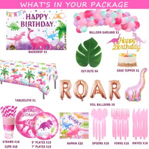 199 Pcs Dinosaur Party Supplies Girl, Hombae Pink Dinosaur Birthday Decorations Backdrop Balloon Garland Artificial Leaves Tablecloth Cake Topper Plate Napkin Cup Straw Knife Spoon Fork Pink