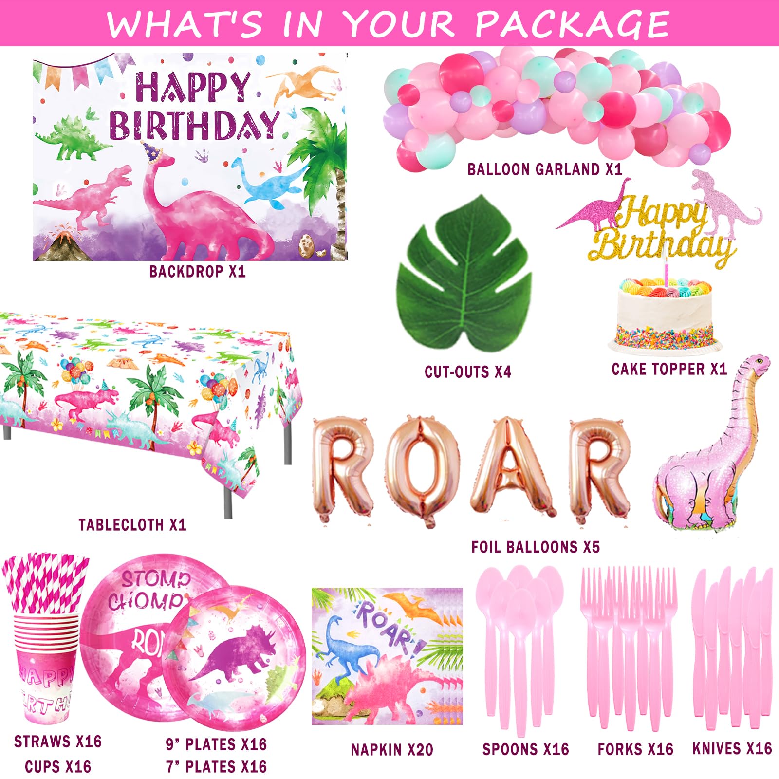 199 Pcs Dinosaur Party Supplies Girl, Hombae Pink Dinosaur Birthday Decorations Backdrop Balloon Garland Artificial Leaves Tablecloth Cake Topper Plate Napkin Cup Straw Knife Spoon Fork Pink