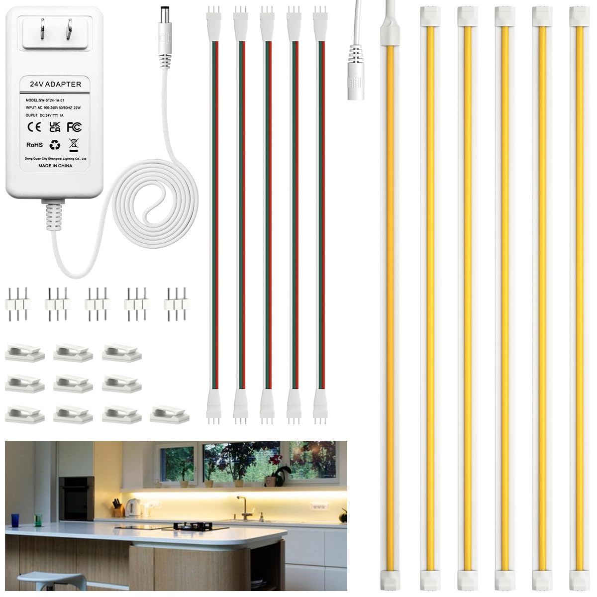 CNSUNWAY Under Cabinet Lighting, 6 PCS Rigid COB LED Strip Lights, 3000K Warm White, 3600LM, 85+ High CRI, No Glare, Eye Protection, Dimmable Cabinet Lights for Counter, Shelf, Bookcase