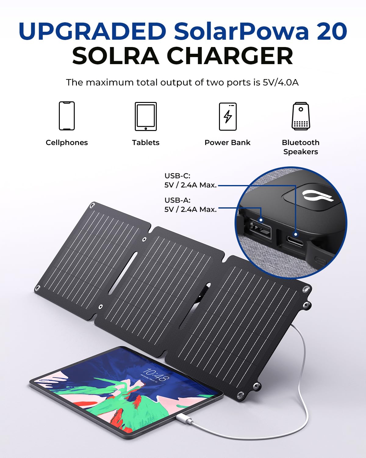 [Ultra-Fast Charging] BigBlue 20W ETFE Solar Charger with Kickstand, SolarPowa 20 Portable Solar Panel Charger with USB-A and USB-C, IP65 Waterproof, Compatible with iPhone, iPad, Samsung, LG etc.