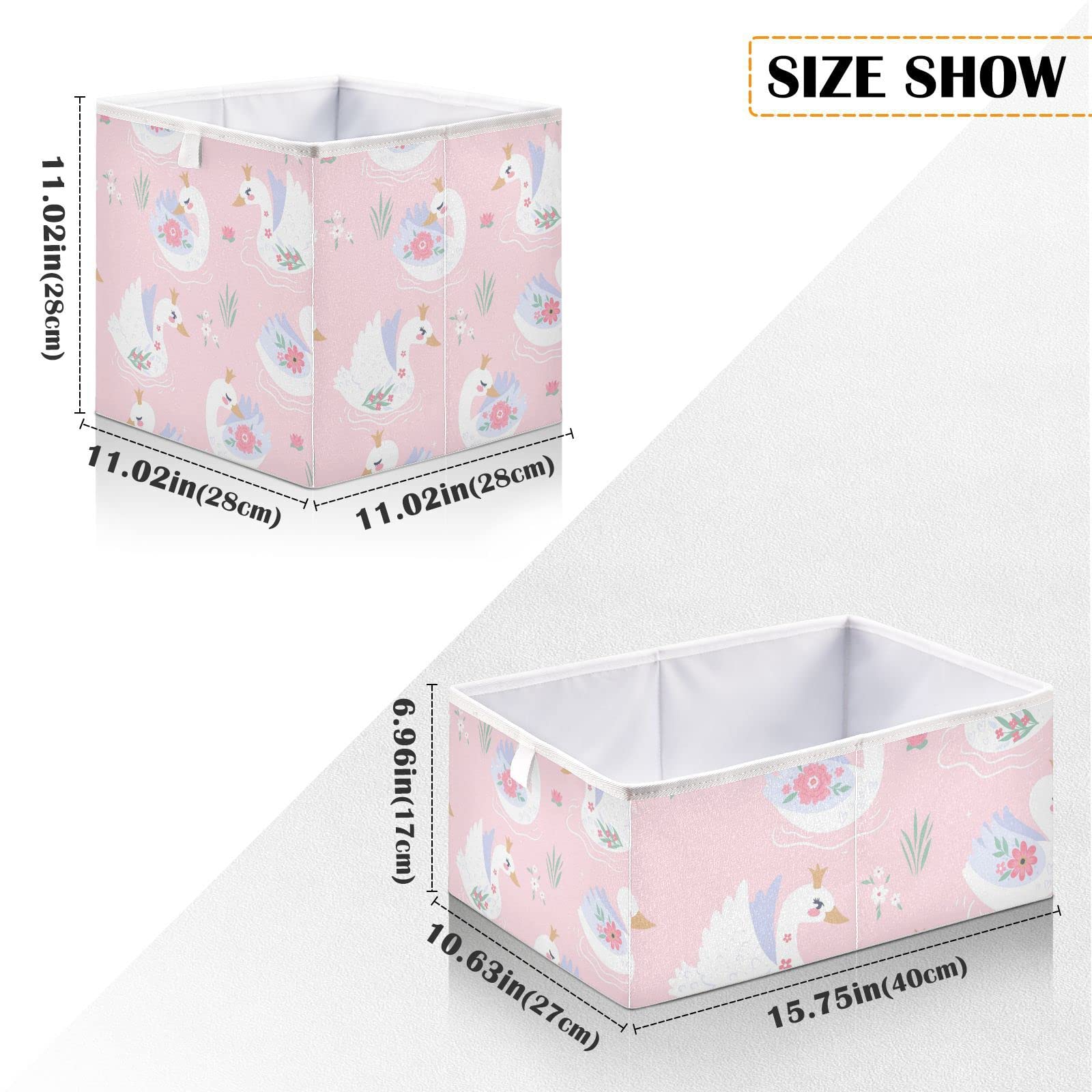 WELLDAY Storage Basket Cute Swans Pink Foldable 15.8 x 10.6 x 7 In Cube Storage Bin Home Decor Organizer Storage Baskets Box for Toys, Books, Shelves, Closet, Laundry, Nursery