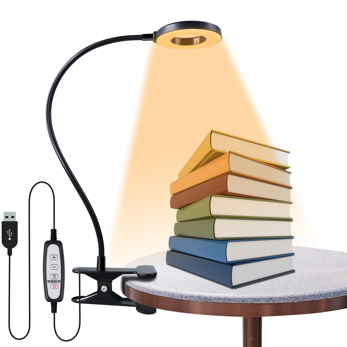 Clip on Light Eye Caring Reading Light, 1600k 23 LED USB Desk Lamp with Flexible Gooseneck & Timer Setting 4/8/12/18H,5 Dimmable Levels Clamp Ring Lamp for Reading in Bed/Artwork/Bedside