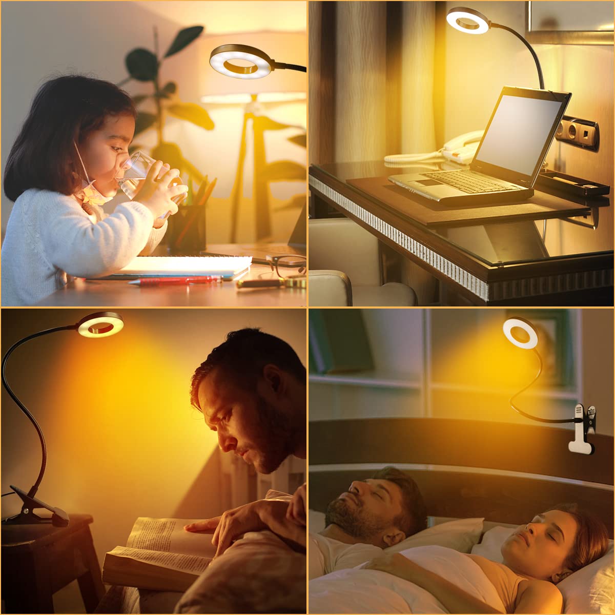 Clip on Light Eye Caring Reading Light, 1600k 23 LED USB Desk Lamp with Flexible Gooseneck & Timer Setting 4/8/12/18H,5 Dimmable Levels Clamp Ring Lamp for Reading in Bed/Artwork/Bedside