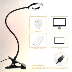 Clip on Light Eye Caring Reading Light, 1600k 23 LED USB Desk Lamp with Flexible Gooseneck & Timer Setting 4/8/12/18H,5 Dimmable Levels Clamp Ring Lamp for Reading in Bed/Artwork/Bedside